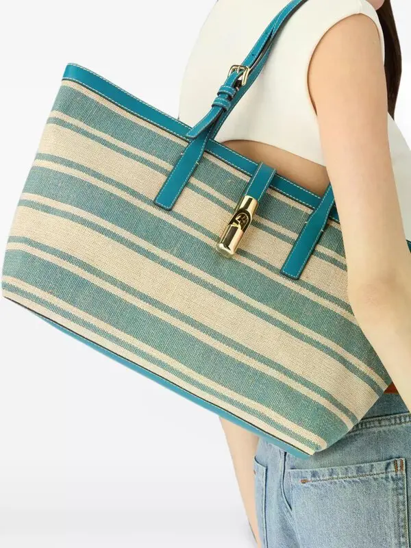 Furla Debby Canvas Striped Tote Bag With Leather Details