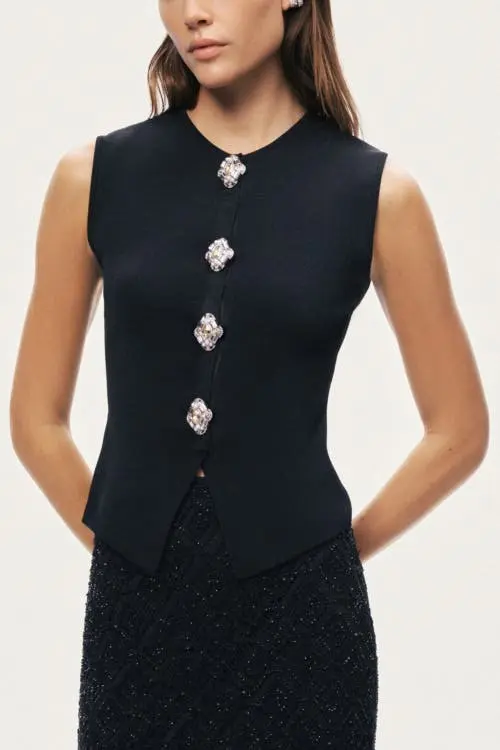 NOCTURNE Embellished Sleeveless Knit Top - Black