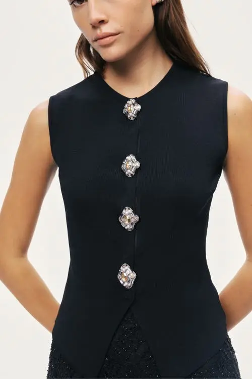 NOCTURNE Embellished Sleeveless Knit Top - Black