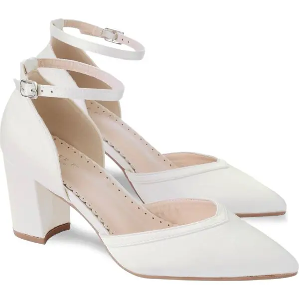 KAILEE P Sally" Satin Block Heel Wedding Shoes With Adjustable Ankle Strap - Ivory
