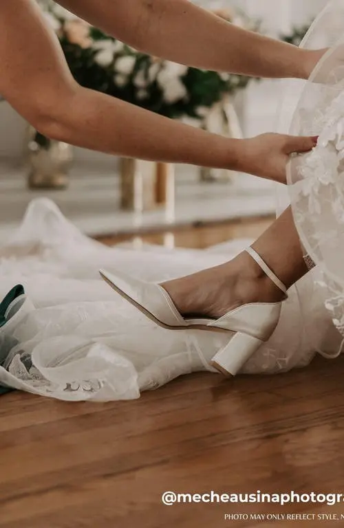 KAILEE P Sally" Satin Block Heel Wedding Shoes With Adjustable Ankle Strap - Ivory