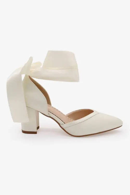 KAILEE P Sally" Satin Block Heel Wedding Shoes With Adjustable Ankle Strap - Ivory