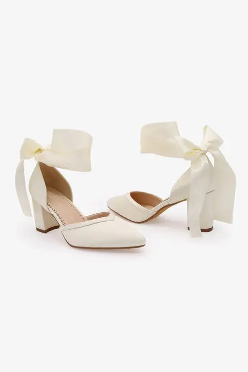 KAILEE P Sally" Satin Block Heel Wedding Shoes With Adjustable Ankle Strap - Ivory