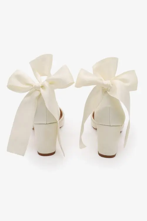 KAILEE P Sally" Satin Block Heel Wedding Shoes With Adjustable Ankle Strap - Ivory