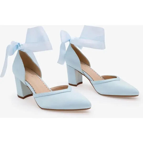 KAILEE P Sally" Satin Block Heel Wedding Shoes With Adjustable Ankle Strap - Light Blue