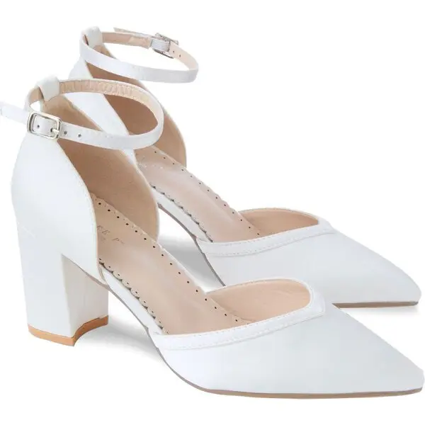KAILEE P Sally" Satin Block Heel Wedding Shoes With Adjustable Ankle Strap - White