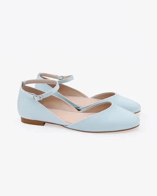 KAILEE P Satin Round Toe Flat With Ankle Strap - Light Blue