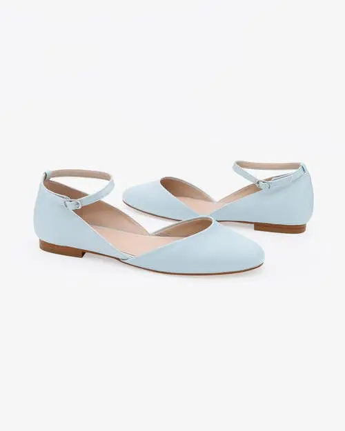 KAILEE P Satin Round Toe Flat With Ankle Strap - Light Blue