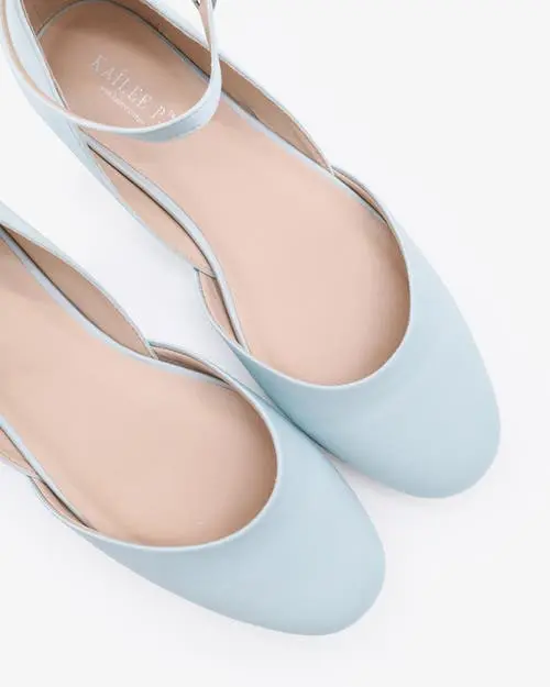 KAILEE P Satin Round Toe Flat With Ankle Strap - Light Blue