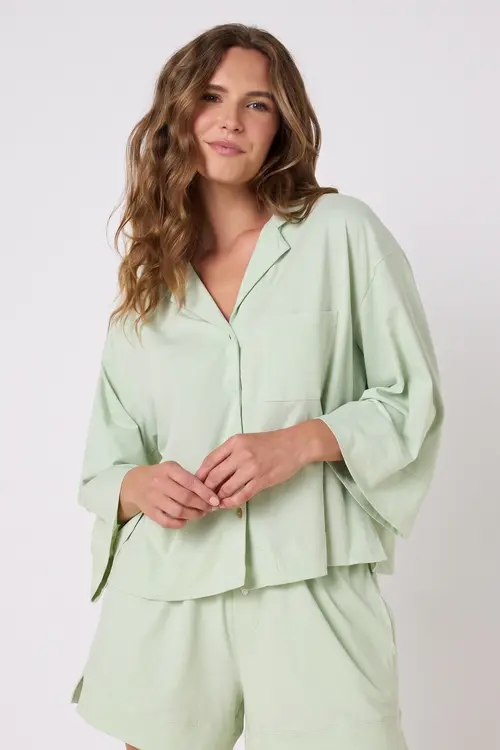 THE CAT'S PAJAMAS Mariposa Long Sleeve Short Set - Celadon