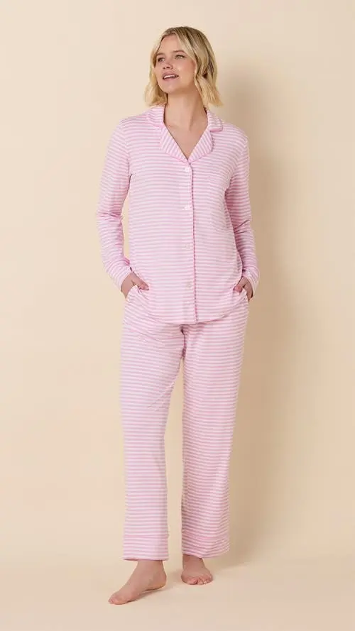 THE CAT'S PAJAMAS Pima Knit Long-sleeved Pajama - Essential Stripe Pink Moment