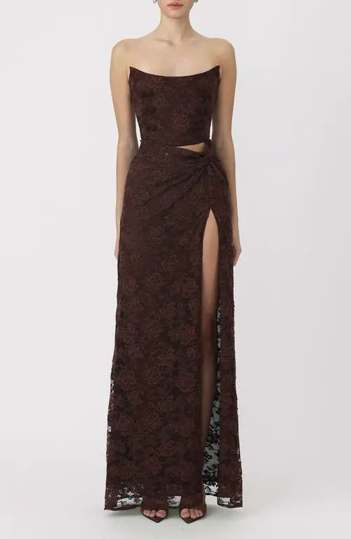 SAU LEE Floral Lace Strapless Gown With Cutout - Dark Walnut
