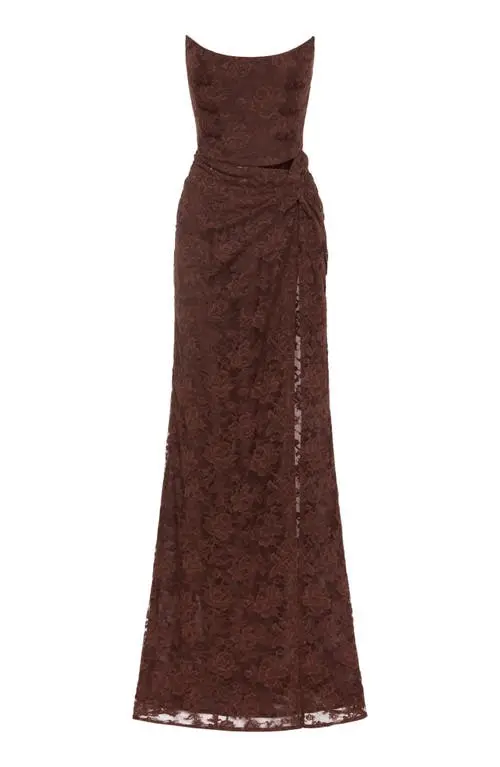 SAU LEE Floral Lace Strapless Gown With Cutout