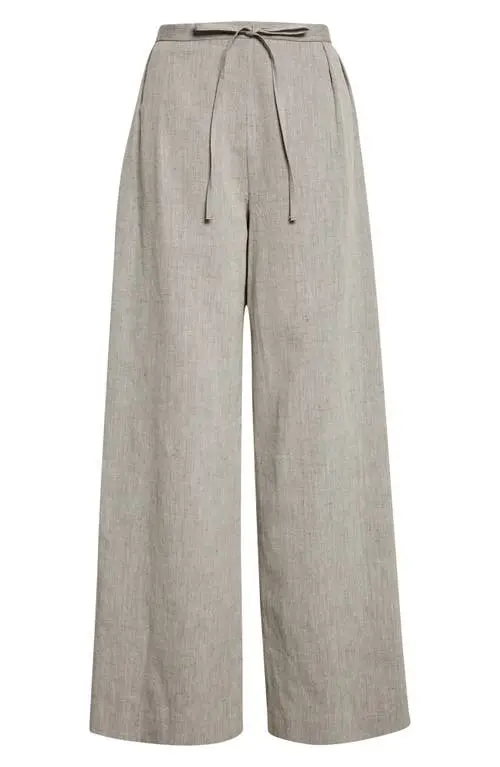 Loulou De Saison Clark Loose Fit Mélange Linen & Cotton Wide Leg Pants - Grey Melange