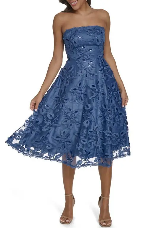 Eliza J Floral Sequin Strapless Midi Dress