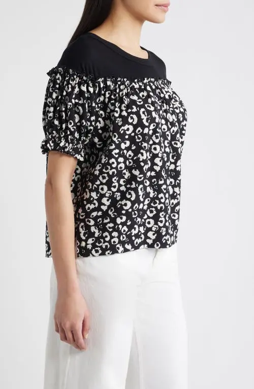 Loveappella Contrast Yoke Ruffle Top - Black/beige