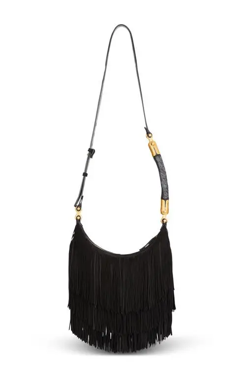 Balmain Ebene Suede Hobo Bag With Fringes - Black
