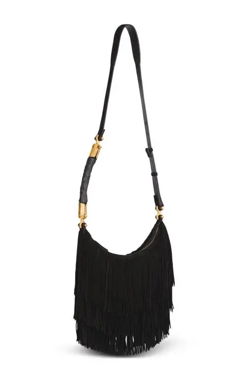Balmain Ebene Suede Hobo Bag With Fringes - Black