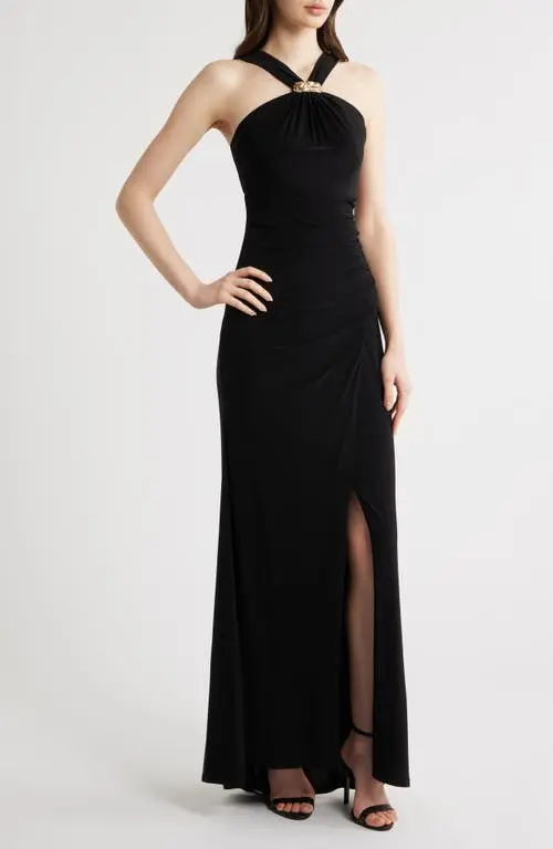 Eliza J Halter Neck Ruched Mermaid Gown - Black