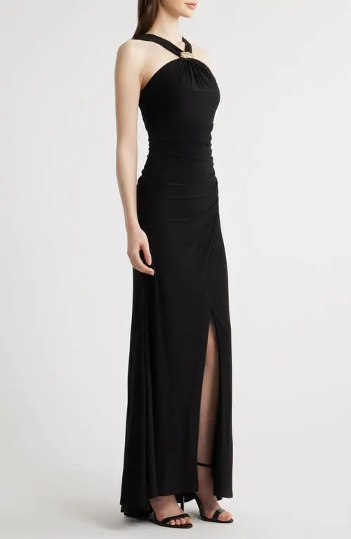 Eliza J Halter Neck Ruched Mermaid Gown - Black
