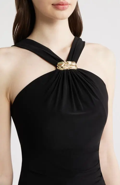 Eliza J Halter Neck Ruched Mermaid Gown - Black