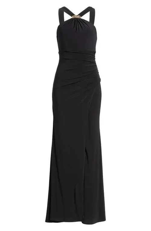 Eliza J Halter Neck Ruched Mermaid Gown - Black