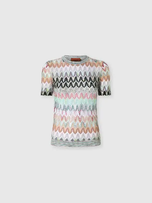 Missoni Crewneck T-shirt In Cotton And Viscose Lamé With Zigzag Lace Motif - Multicoloured