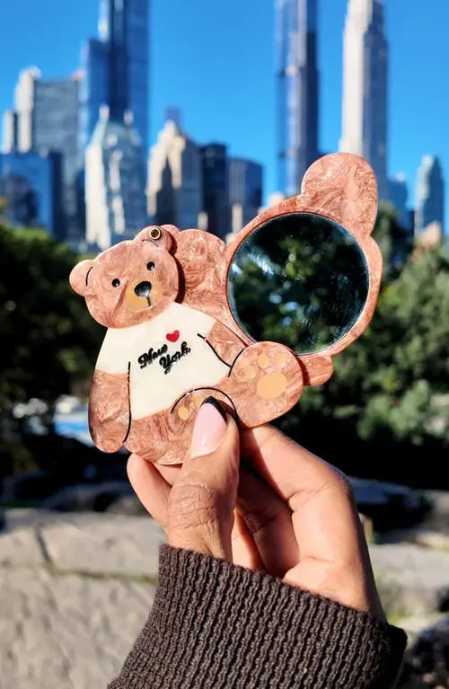 SOLAR ECLIPSE Hand Painted New York Teddy Bear Compact Mirror