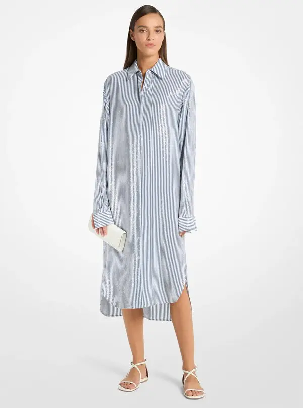 Michael Kors Sequined Stripe Crepe De Chine Shirt Dress - Grey
