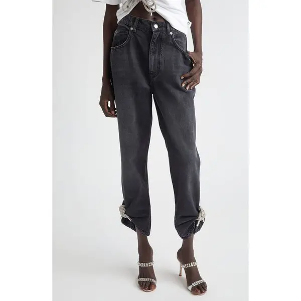 AREA Crystal Knot Straight Leg Jeans - Black
