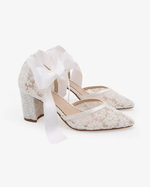 KAILEE P Abby Lace Block Heel With Satin Ankle Tie - White