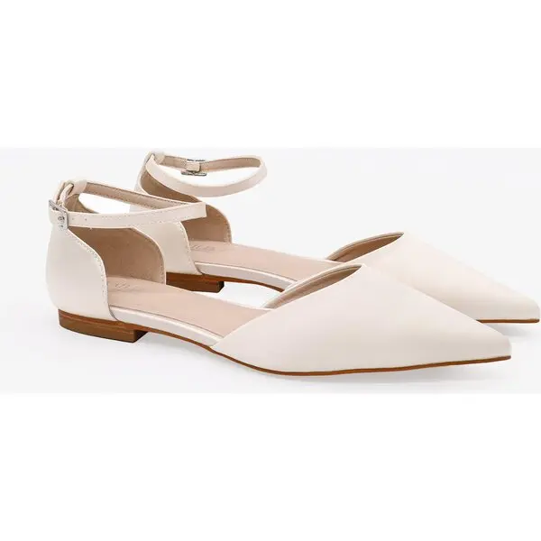 KAILEE P Bella Satin Pointed Toe Flats With Removable Ankle Strap - Ivory