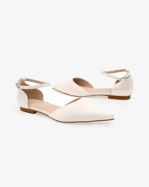 KAILEE P Bella Satin Pointed Toe Flats With Removable Ankle Strap - Ivory