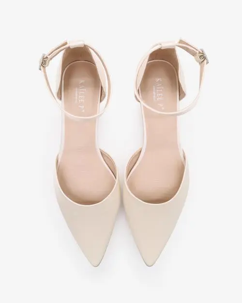KAILEE P Bella Satin Pointed Toe Flats With Removable Ankle Strap - Ivory