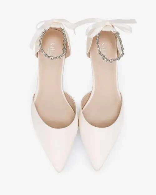 KAILEE P Bella Satin Pointed Toe Flats With Removable Ankle Strap - Ivory