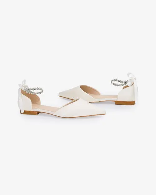 KAILEE P Bella Satin Pointed Toe Flats With Removable Ankle Strap - Ivory