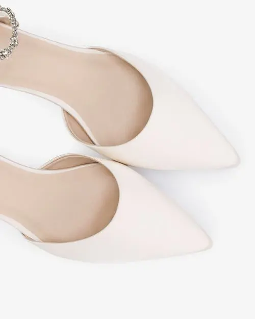 KAILEE P Bella Satin Pointed Toe Flats With Removable Ankle Strap - Ivory
