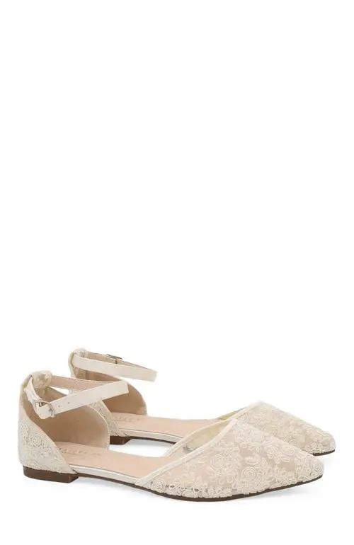 KAILEE P Twila Crochet Lace Pointed Toe Flats With Adjustable Ankle Strap - Ivory