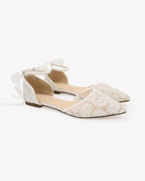 KAILEE P Twila Crochet Lace Pointed Toe Flats With Pearl Ankle Strap - White