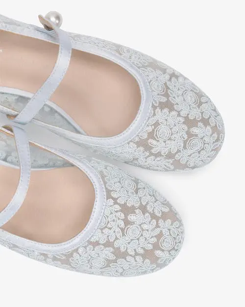 KAILEE P Zora Crochet Lace Mary Jane Flats - Light Blue
