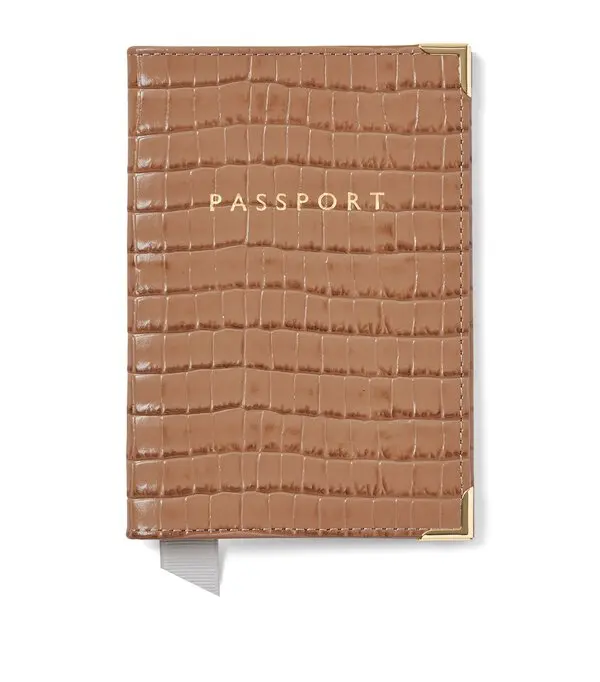 ASPINAL OF LONDON Croc-effect Leather Passport Cover - Brown