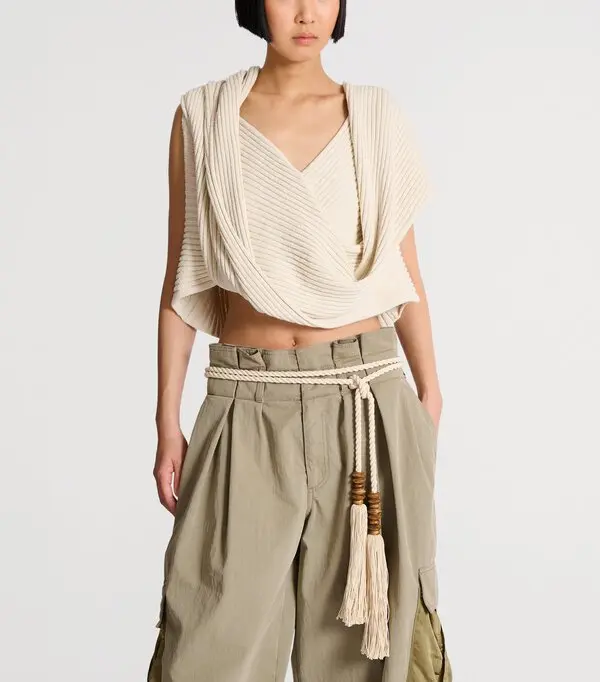 Balmain Cotton Rope Tie Belt With Wooden Beads And Fringe - Beige