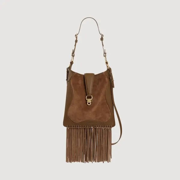 Sandro Leather And Suede Fringe Bag - Camel