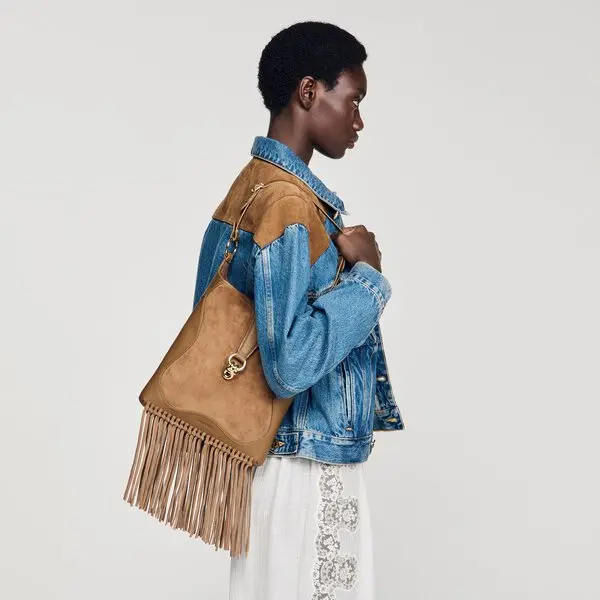 Sandro Leather And Suede Fringe Bag - Camel