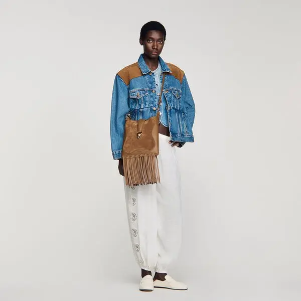 Sandro Leather And Suede Fringe Bag - Camel