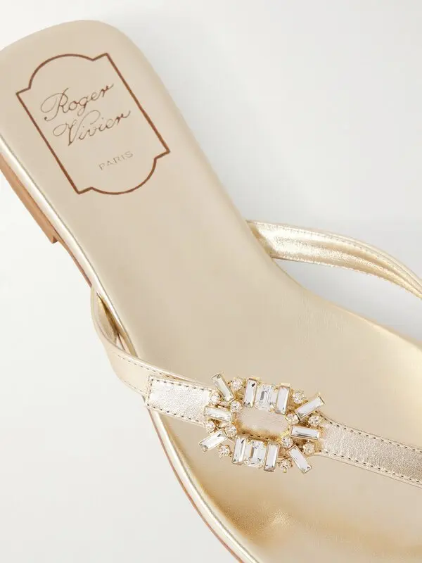 ROGER VIVIER Strass B Crystal-embellished Metallic Leather Sandals - Gold