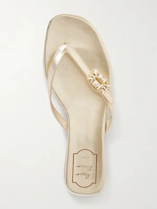 ROGER VIVIER Strass B Crystal-embellished Metallic Leather Sandals - Gold