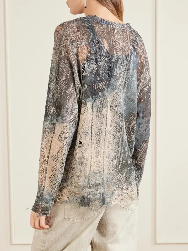 R13 Boyfriend Distressed Printed Linen Knit Sweater