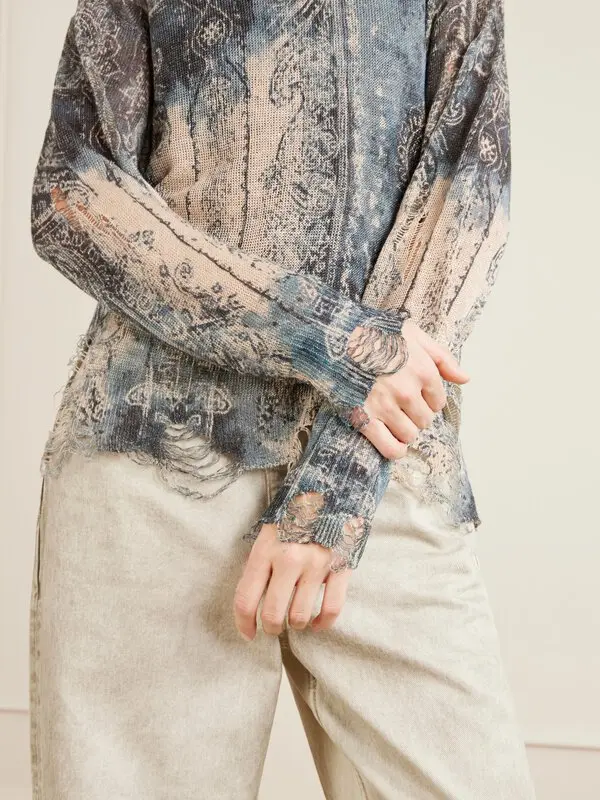 R13 Boyfriend Distressed Printed Linen Knit Sweater