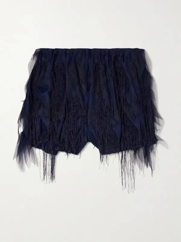 PAULINE DUJANCOURT Argyle Fringed Lace And Crochet-trimmed Tulle Shorts - Black